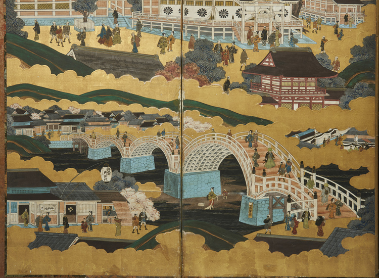 A Japanese Byobu-screen depicting famous views in Kyoto