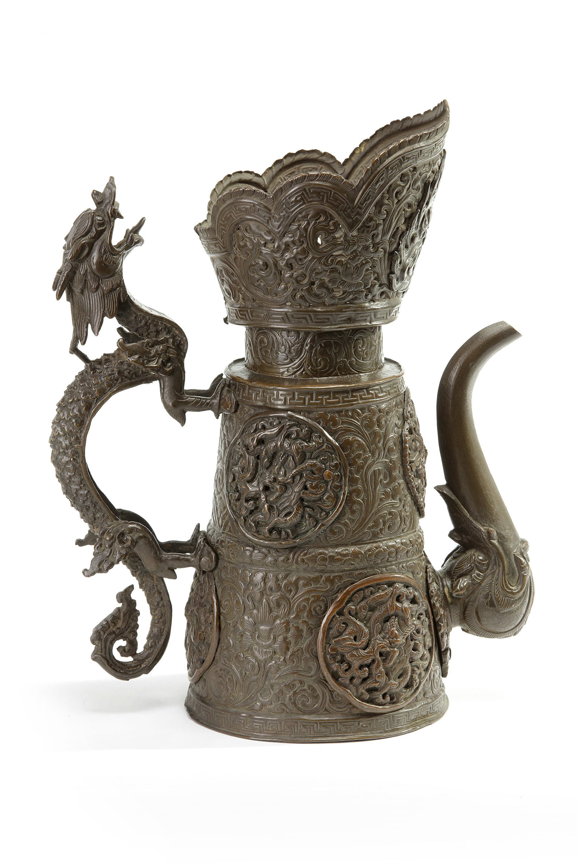 A MONGOLIAN COPPER 'DRAGON MEDAILLON' RITUAL EWER, CIRCA 1900